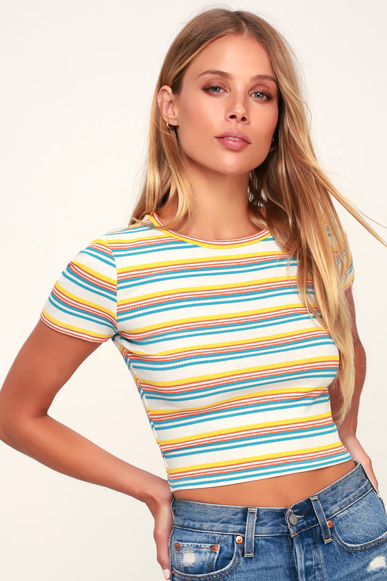 Cute White Multi Stripe Crop Top Ribbed Crop Top Cropped Tee Lulus