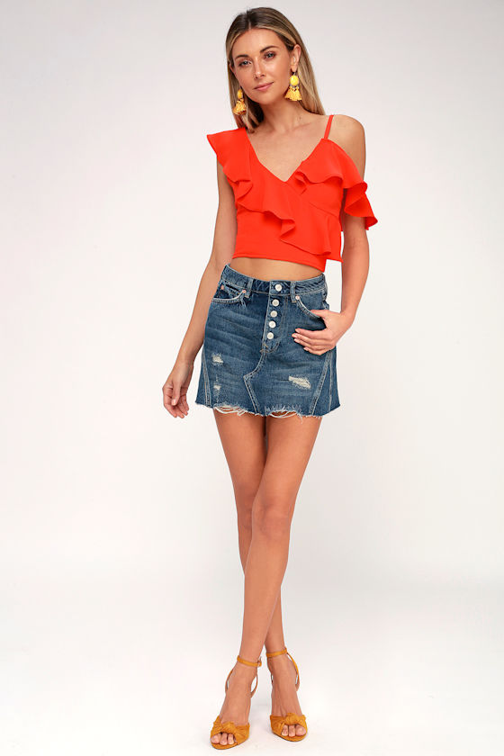 Fun Red Top - One-Shoulder Top - Ruffled Top - Crop Top - Lulus