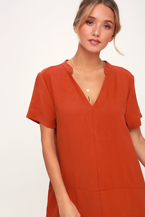 Cute Rust Orange Shift Dress - Short Sleeve Dress - Shift Dress - Lulus
