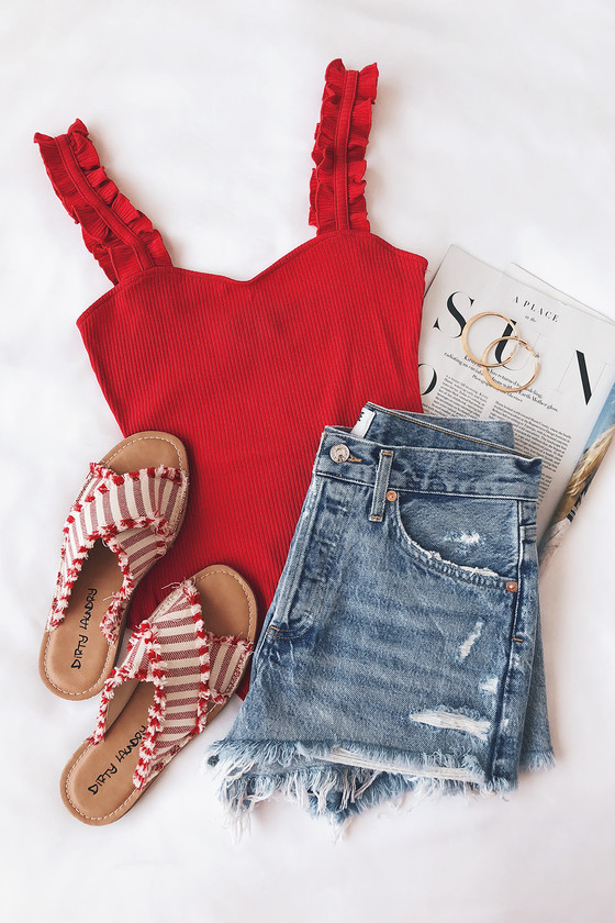 Cute Red Bodysuit Ribbed Bodysuit Ruffled Bodysuit Lulus