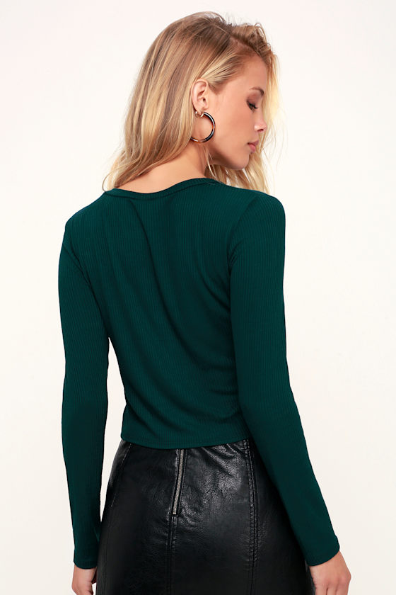 Cute Forest Green Top - Ribbed Knit Crop Top - Long Sleeve Top - Lulus