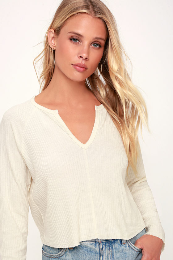 Cute Cream Sweater Top - Notched Sweater Top - Ribbed Sweater Top - Lulus
