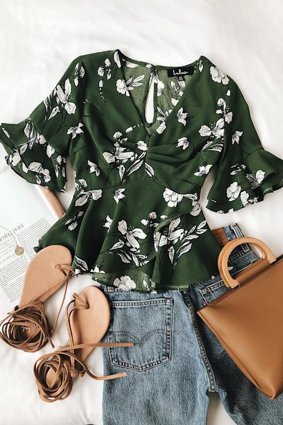 Fun Floral Print Top - Green Top - Peplum Top - Ruffle Sleeve Top - Lulus