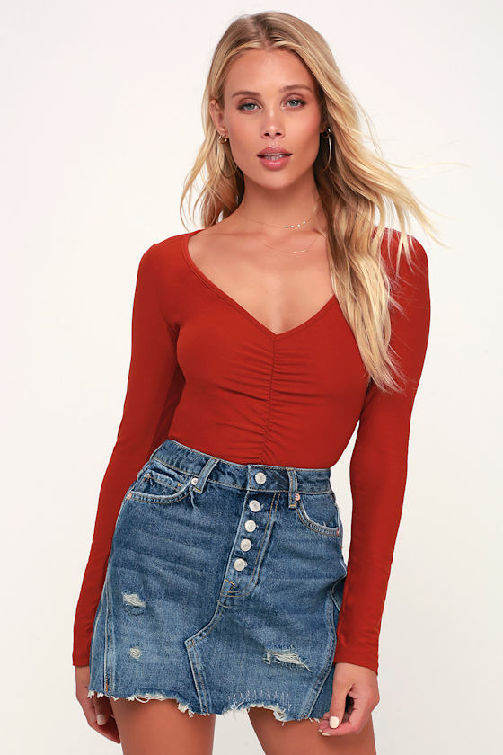 Chic Rust Red Top - Long Sleeve Top - Rust Red Top - Ruched Top - Lulus