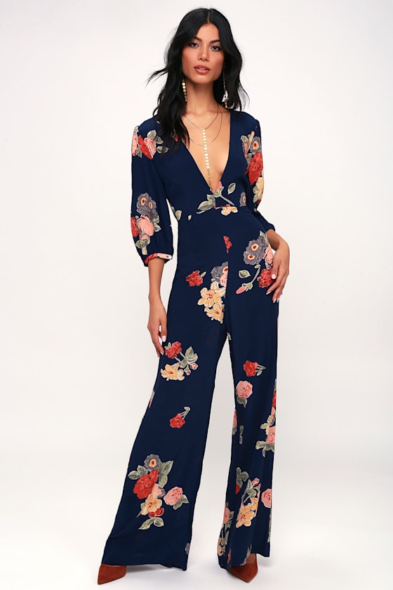 Capulet Nat - Navy Blue Floral Print Jumpsuit - Plunge Jumpsuit - Lulus