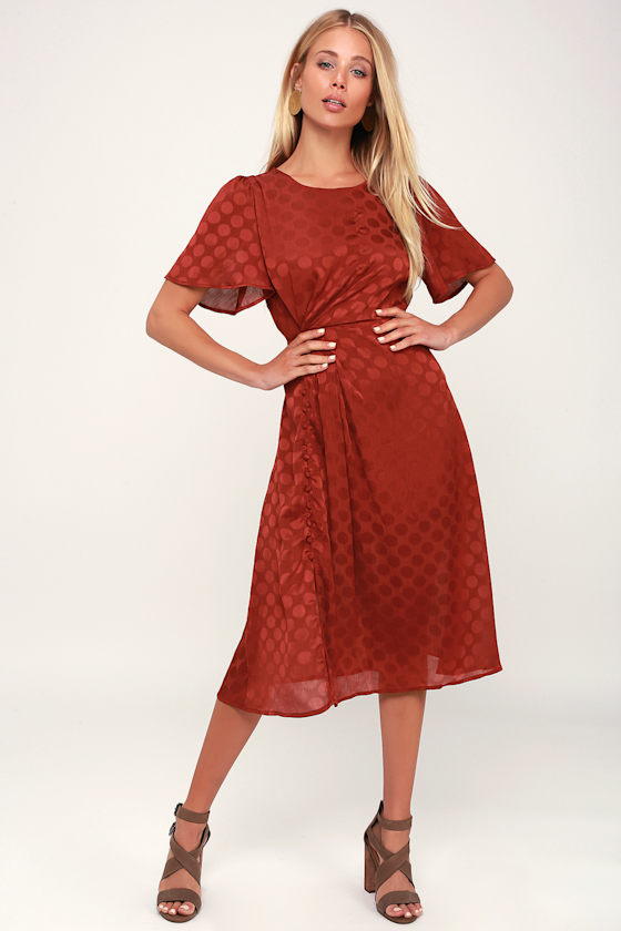 ASTR the Label Ebony - Rust Red Polka Dot Dress - Midi Dress - Lulus