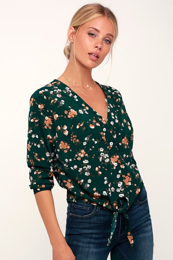 Cute Dark Green Top - Green Floral Print Top - Cute Tie-Front Top - Lulus