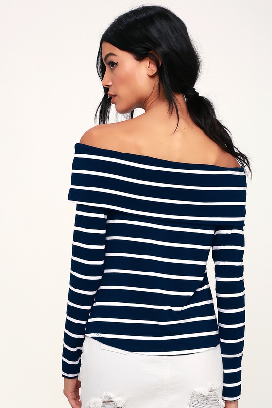 Cute Navy Blue Striped Top - Off-the-Shoulder Top - Basic Top - Lulus