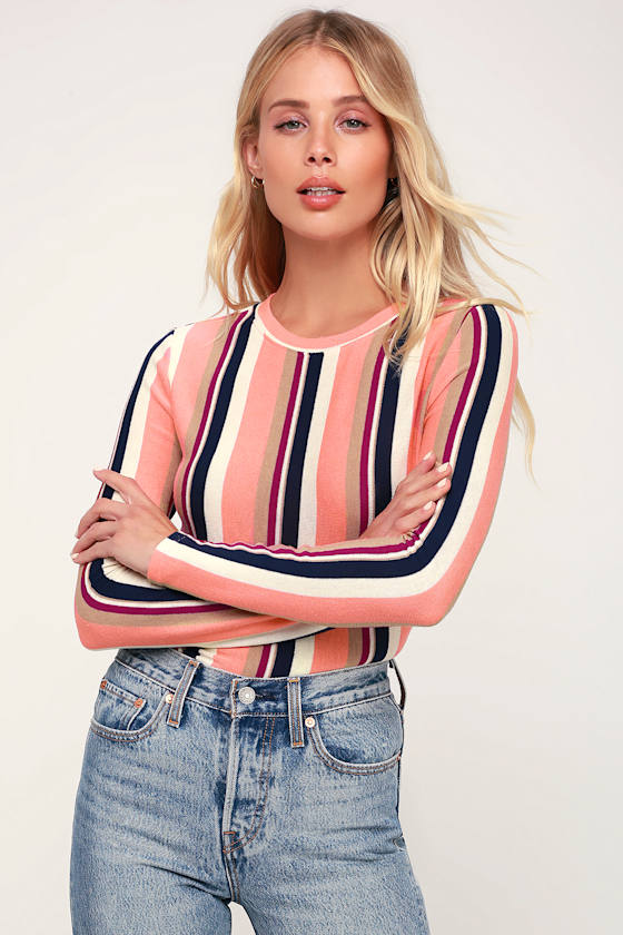Cute Coral Multi Striped Top - Striped Sweater Top - Knit Top - Lulus