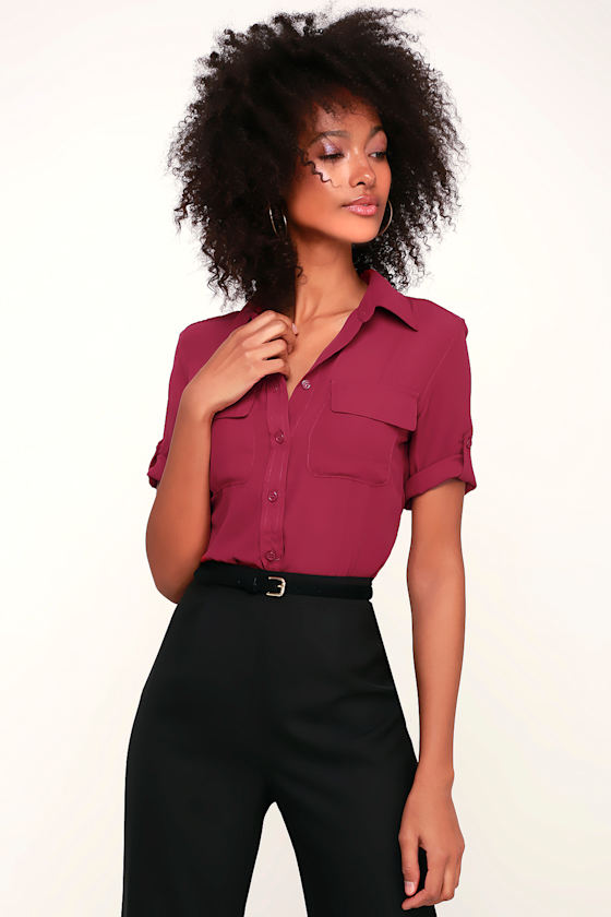 Cute Berry Red Top - Button-Up Top - Short Sleeve Top - Lulus