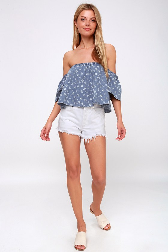 Cute Blue Floral Print Chambray Top Off The Shoulder Top Lulus