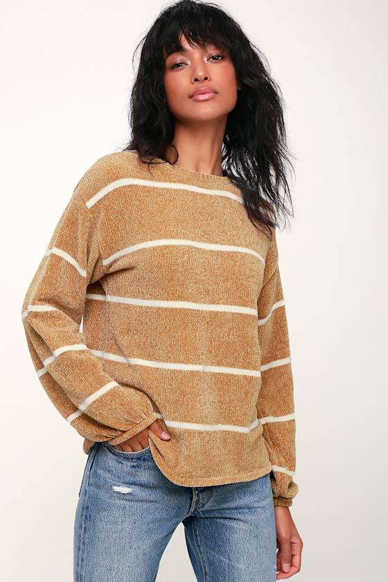 Cute Sweater - Light Brown Striped Sweater - Chenille Sweater - Lulus