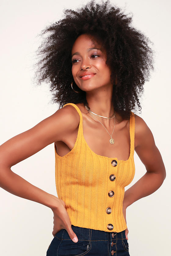 Cute Mustard Yellow Tank Top - Button-Up Crop Top - Ribbed Tank - Lulus