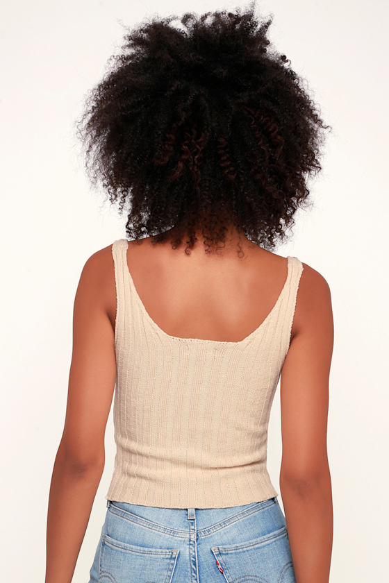 Cute Beige Tank Top - Button-Up Crop Top - Ribbed Tank Top