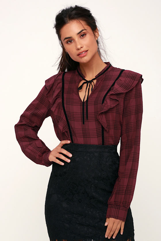 Burgundy Plaid Top - Long Sleeve Top - Ruffled Top - Velvet Top - Lulus