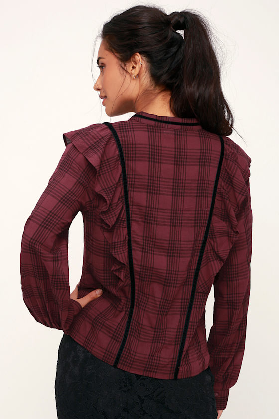 Burgundy Plaid Top - Long Sleeve Top - Ruffled Top - Velvet Top - Lulus