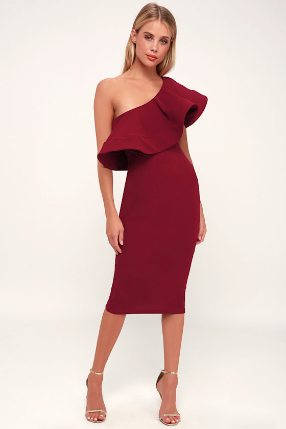 Burgundy Dress - One-Shoulder Dress - Bodycon Dress - Cute Midi - Lulus