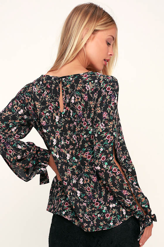 Cute Black Top - Black Floral Print Top - Black Split Sleeve Top - Lulus