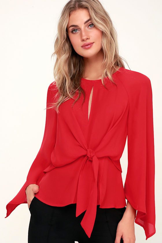 Cute Red Top - Long Sleeve Top - Tie-Front Top - Office Top - Lulus