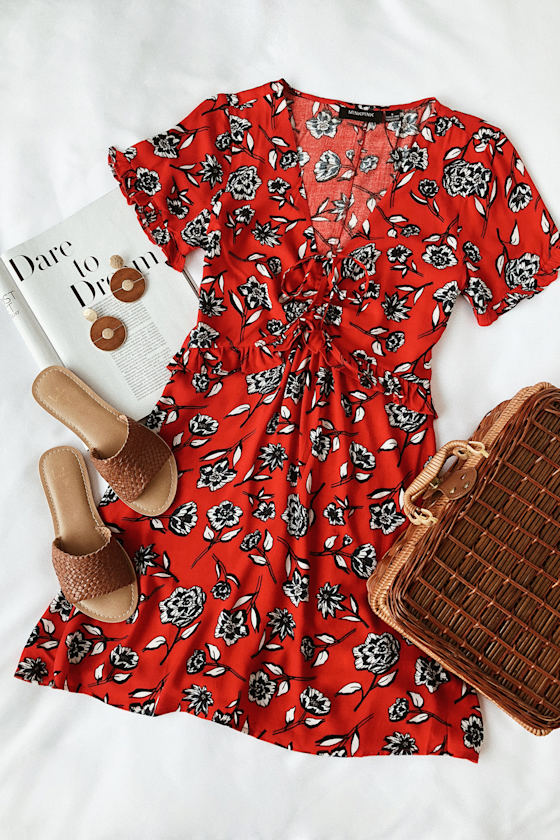 MINKPINK Terrace - Red Floral Print Dress - Ruched Mini Dress - Lulus