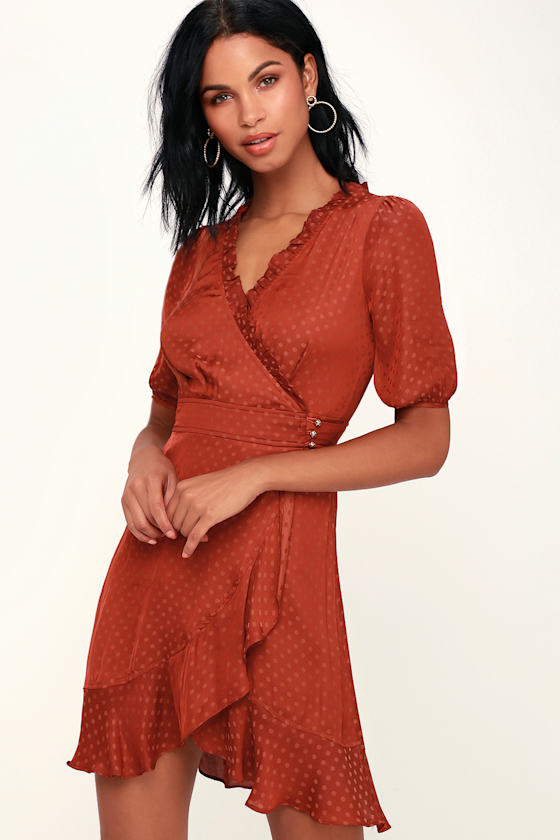 Honey Punch Satin Dress - Rust Red Dress - Polka Dot Dress - Lulus