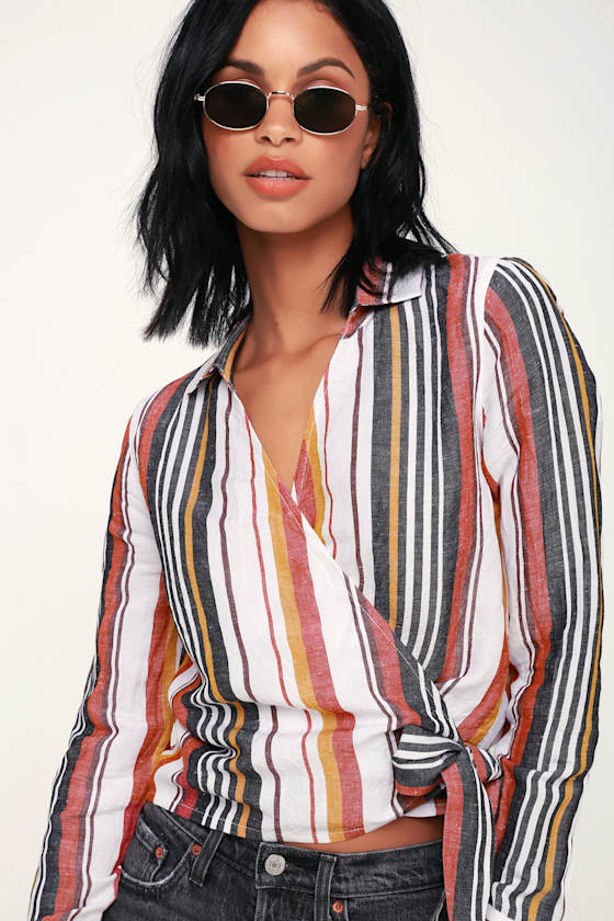 STONE ROW Smoka Dot - White Multi Striped Top - Wrap Top - Lulus