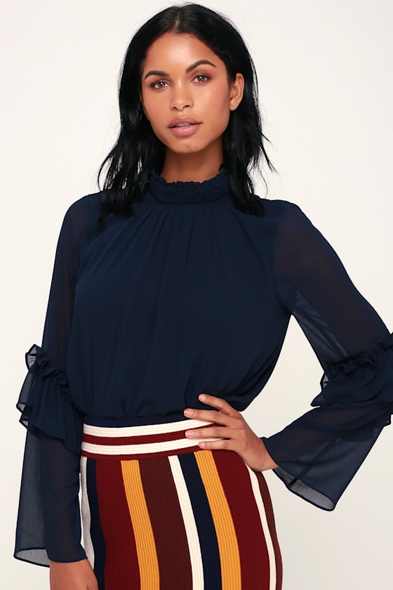 Chic Navy Blue Top - Mock Neck Top - Ruffled Long Sleeve Top - Lulus