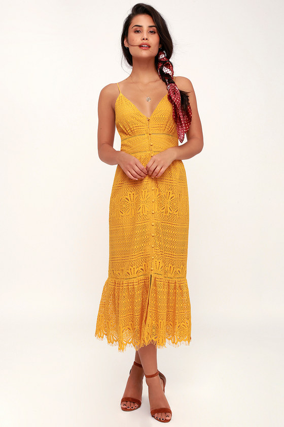Lovely Mustard Yellow Dress Lace Dress Button Up Dress Lulus