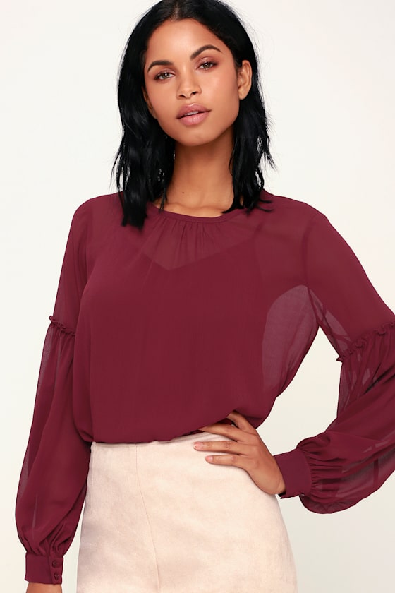 LUSH Blouse - Burgundy Ruffle Sleeve Top - Statement Sleeve Top - Lulus