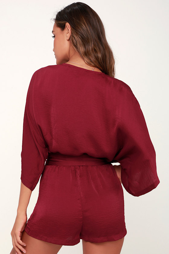 Chic Wine Red Romper - Red Satin Romper - Wide Sleeve Romper - Lulus