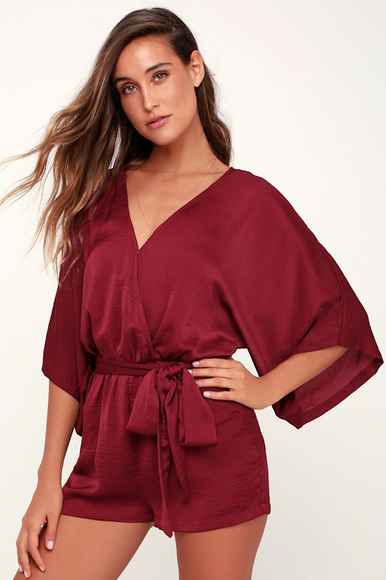 Chic Wine Red Romper - Red Satin Romper - Wide Sleeve Romper - Lulus
