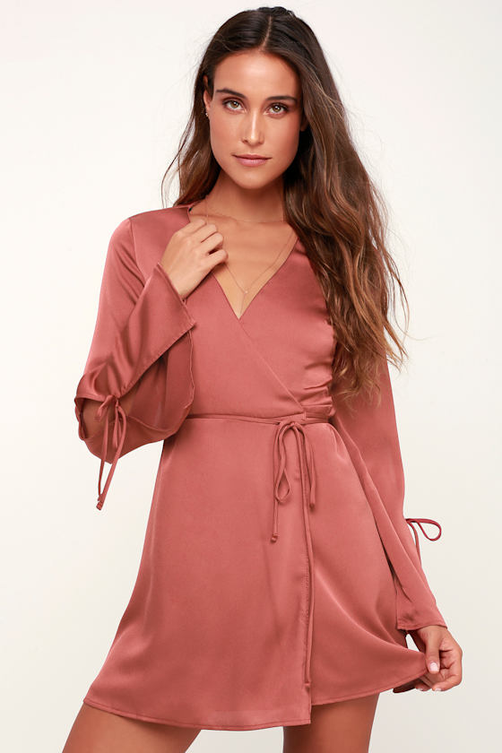 Cute Rusty Rose Dress - Long Sleeve Dress - Wrap Dress - Lulus