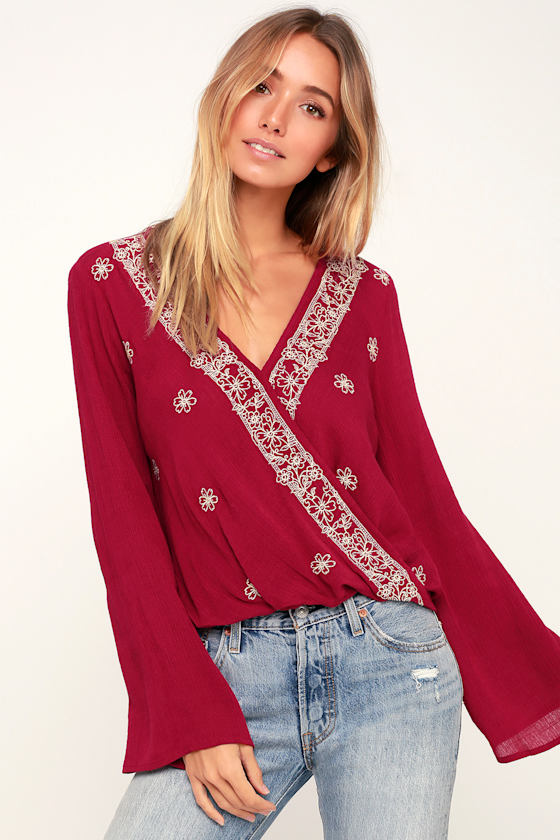 Cute Berry Red Top - Long Sleeve Top - Embroidered Surplice Top - Lulus