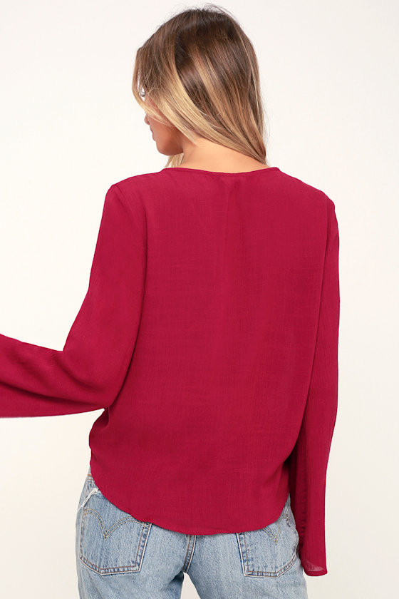 Cute Berry Red Top - Long Sleeve Top - Embroidered Surplice Top - Lulus