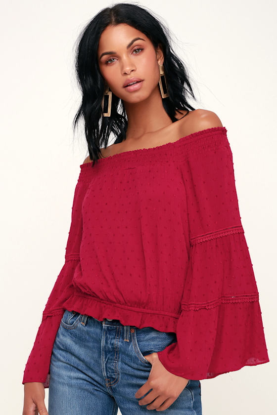 Boho Off-the-Shoulder Top - Dark Red Top - Red Bell Sleeve Top - Lulus