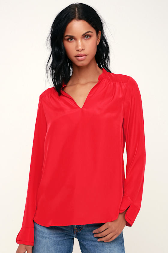 Chic Red Top Red Long Sleeve Top Blouse Office Top Lulus
