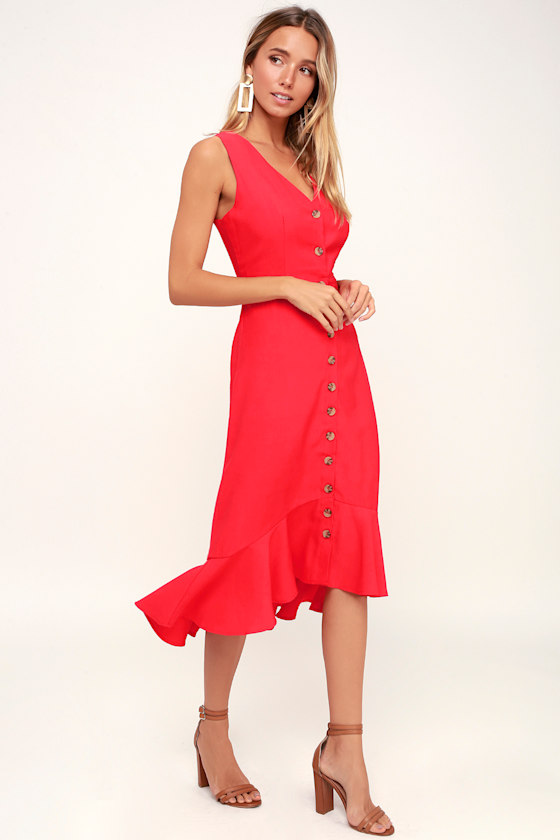 Cute Red Midi Dress - Red Sleeveless Dress - Red Ruffle Dress - Lulus