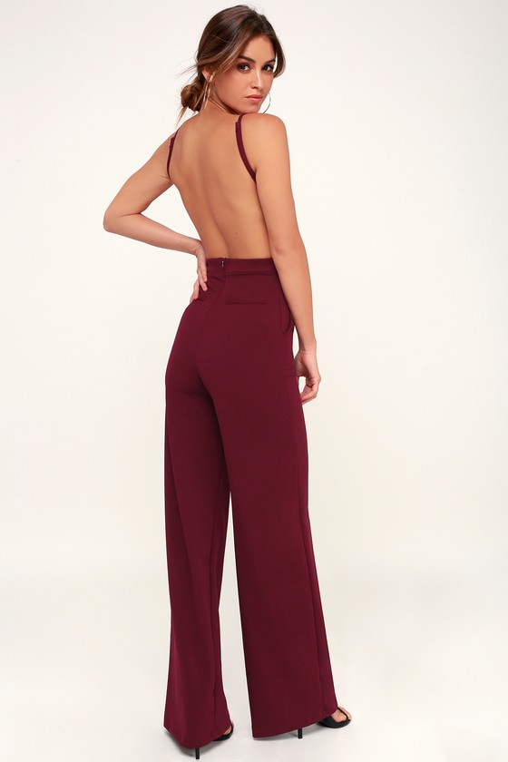 Chic Burgundy Jumpsuit Backless Jumpsuit Wide Leg Jumpsuit Lulus