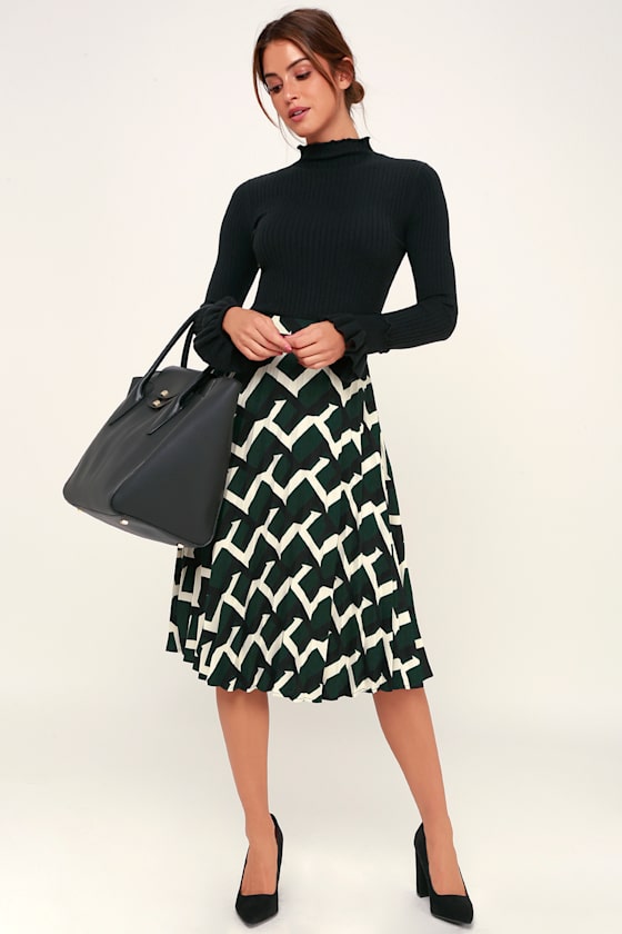 Chic Forest Green Print Skirt - Midi Skirt - Pleated Midi Skirt - Lulus