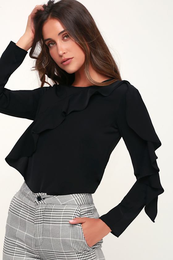 Cute Black Top - Long Sleeve Top - Ruffled Top - Office Top - Top - Lulus