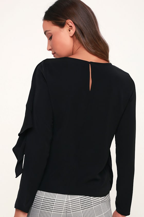 Cute Black Top - Long Sleeve Top - Ruffled Top - Office Top - Top