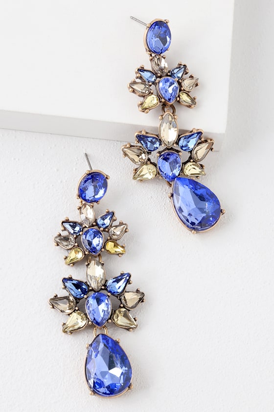 Lovely Gold and Blue Rhinestone Earrings - Statement Earrings