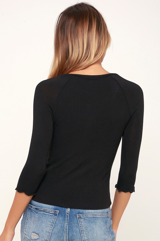 Lulus Basics Black Top Three Quarter Sleeve Top Ribbed Top