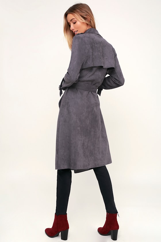 Chic Blue Grey Trench Coat - Suede Trench Coat - Grey Jacket - Lulus