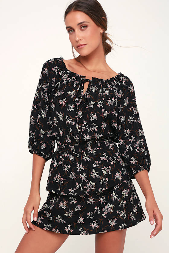 Cute Off-the-Shoulder Dress - Ruffled Dress - Black Floral Dress - Lulus