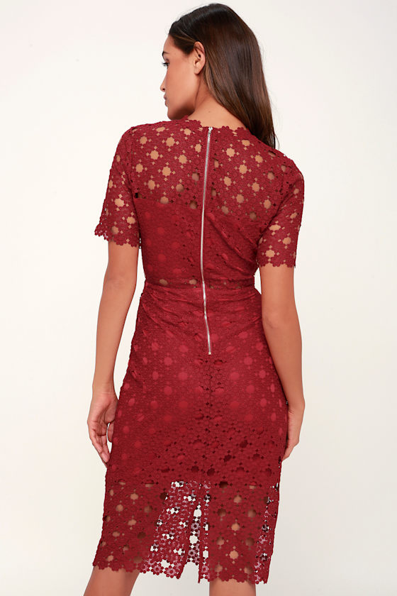 Sexy Wine Red Lace Dress Lace Bodycon Dress Lace Midi Dress Lulus