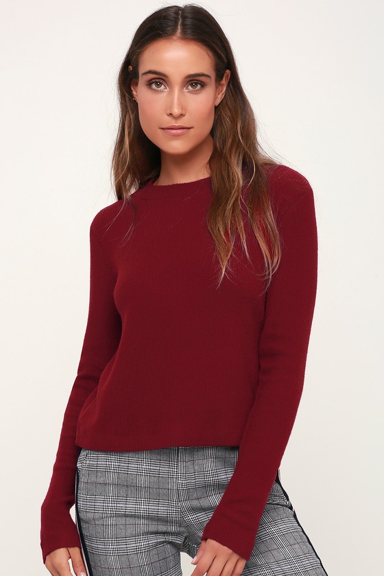Cute Burgundy Top Ribbed Knit Top Long Sleeve Sweater Top Lulus