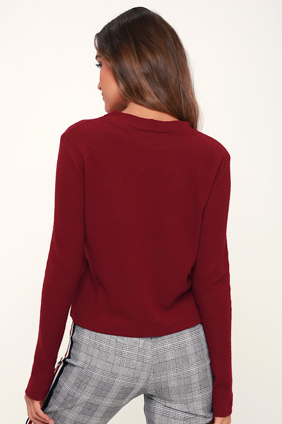 Cute Burgundy Top - Ribbed Knit Top - Long Sleeve Sweater Top