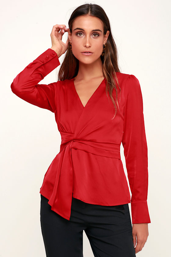 Chic Red Top - Satin Top - Knotted Front Top - Long Sleeve Top - Lulus