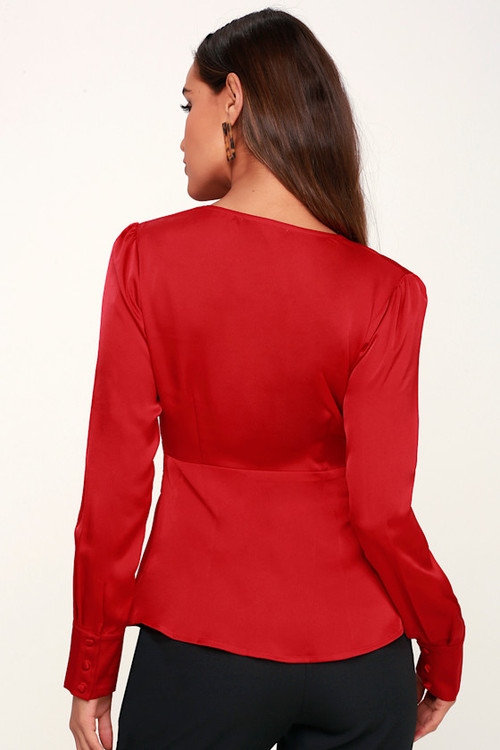 Chic Red Top - Satin Top - Knotted Front Top - Long Sleeve Top - Lulus
